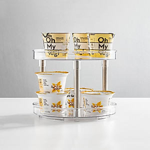 mDesign 2 Tier Lazy Susan Turntable Food Storage Container for Cabinets, Pantry, Fridge, Countertops - Raised Edge, Spinning Organizer for Spices, Condiments - 9" Round, 2 Pack - Clear/Chrome