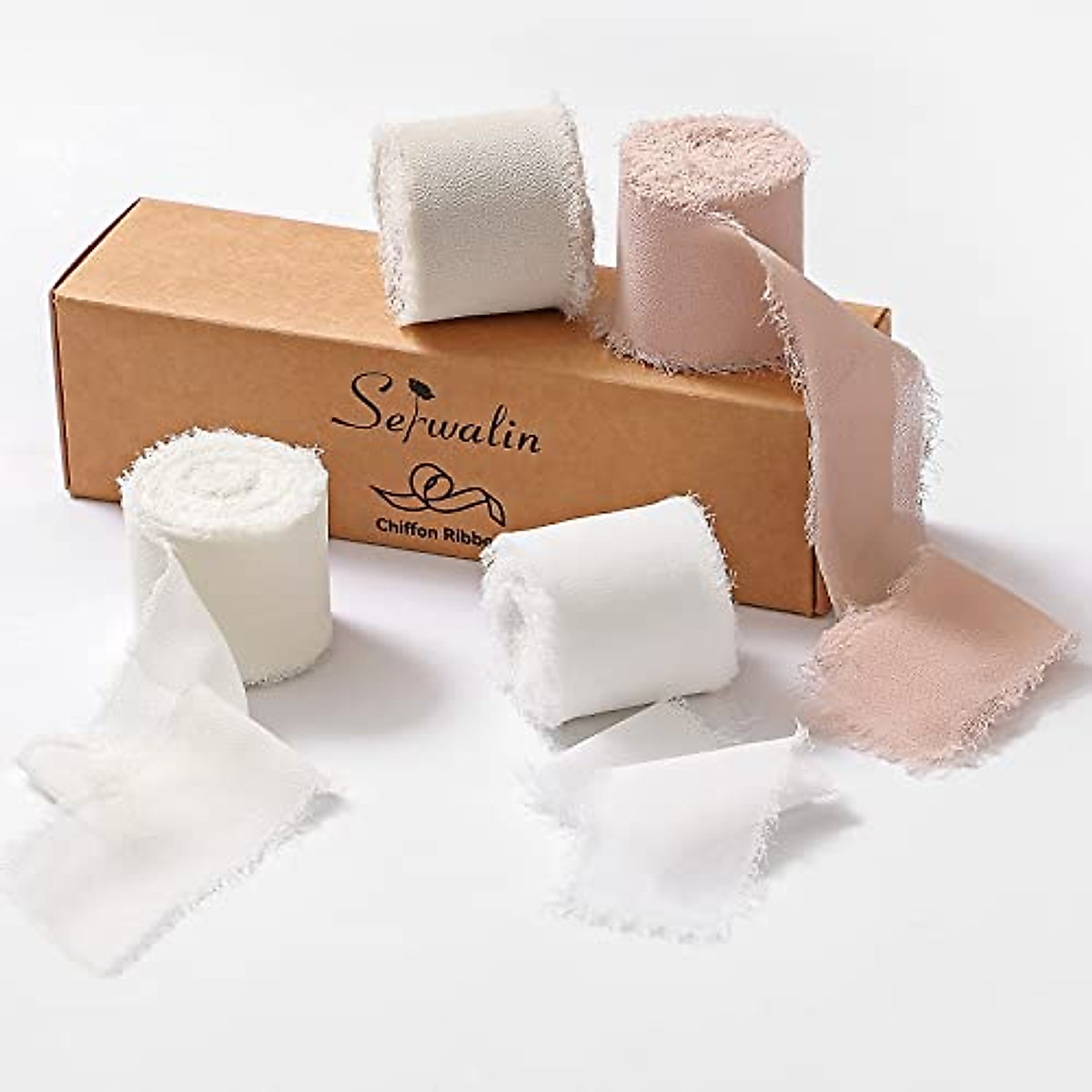 Serwalin 4 Rolls Handmade Fringe Chiffon Silk Ribbon 1.5" x 7Yd Gauze Frayed Edges Nude & White Ribbons Set 28 Yards for Gift Wrapping, Wedding Invitations, Bridal Bouquets,DIY Crafts Decor