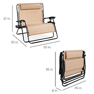 Best Choice Products 2-Person Double Wide Adjustable Folding Steel Mesh Zero Gravity Lounge Recliner Chair for Patio, Lawn, Balcony, Backyard, Beach, Outdoor Sports w/Cup Holders - Beige