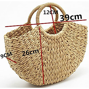 Women Straw Bag Large Woven Tote Bag with Pendant Round Handle Tote Retro Purse Hobo Summer Beach Handbag
