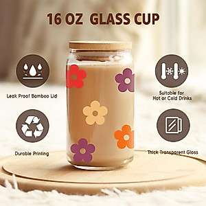 Coolife Retro Daisy Glass Cup - 16 oz Drinking Glass Cups w/Bamboo Lids Straws, Iced Coffee Cup, Cute Glass Tumbler for Coffee Smoothie Beer, Unique Mothers Day Birthday Gifts for Women Her