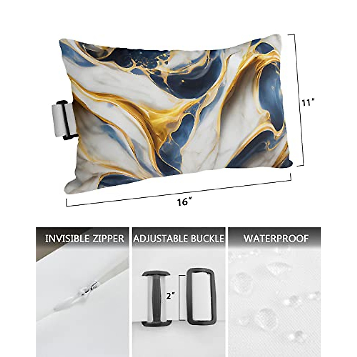 Recliner Head Pillow Ledge Loungers Chair Pillows with Insert Marble Blue Golden Abstract Art Texture Lumbar Pillow with Adjustable Strap Outdoor Waterproof Patio Pillows for Beach Pool, 2 PCS