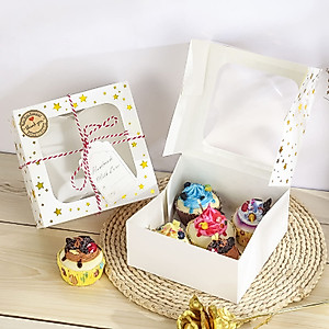 CHOUNYEE 24 Pack 6X6X3 Christmas Cookie Boxes for Gift Giving Gold Foil Star White Bakery Boxes with Window 6 Inch Small Treat Boxes for Mini Cake Pastry Dessert Cupcakes Candy Donut Packaging