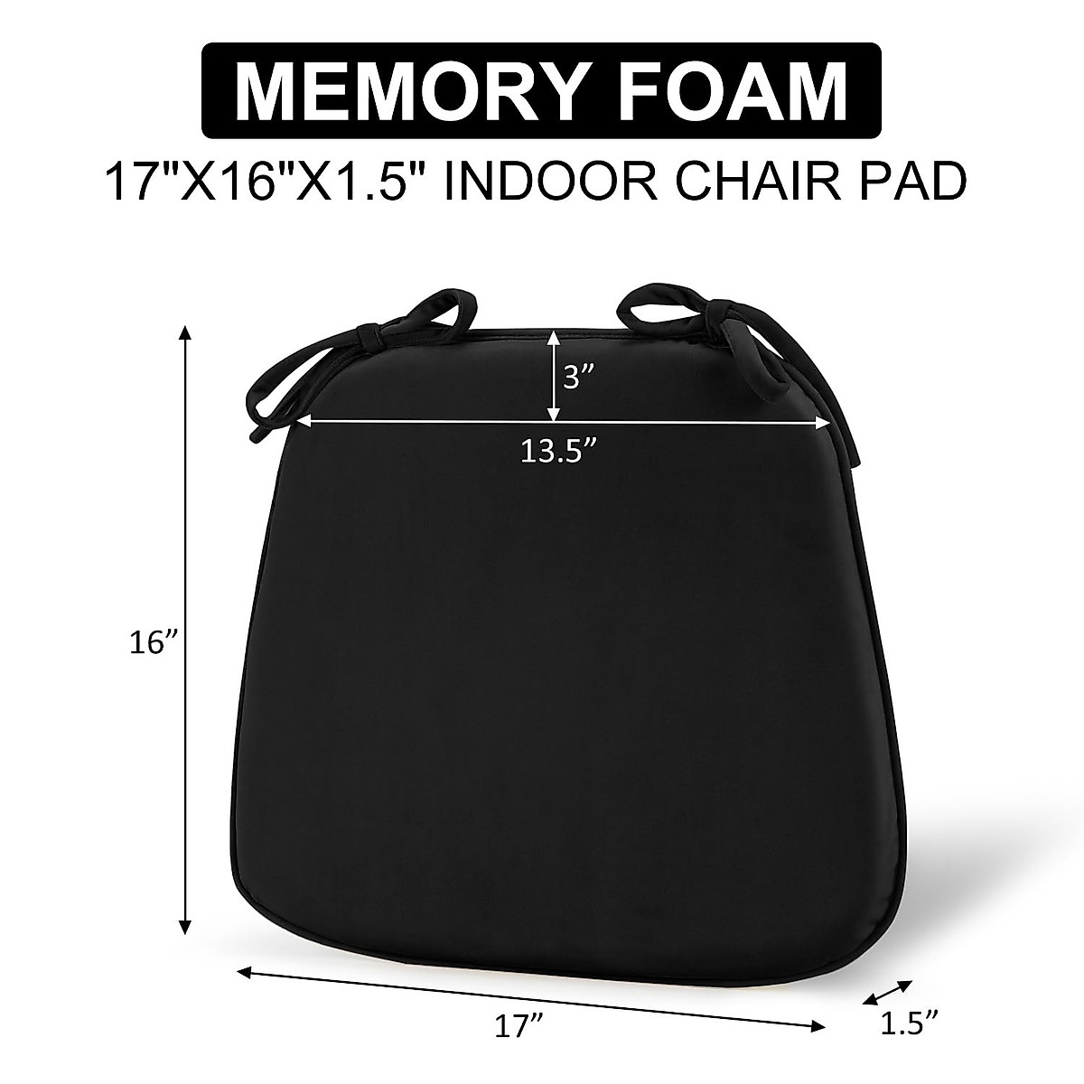 LOVTEX Chair Cushions for Dining Chairs, Kitchen Chair Cushions Set of 4, Chair Pads for Dining Chairs with Ties, 17"x16"x1.5" Seat Cushions for Kitchen Chairs, Black