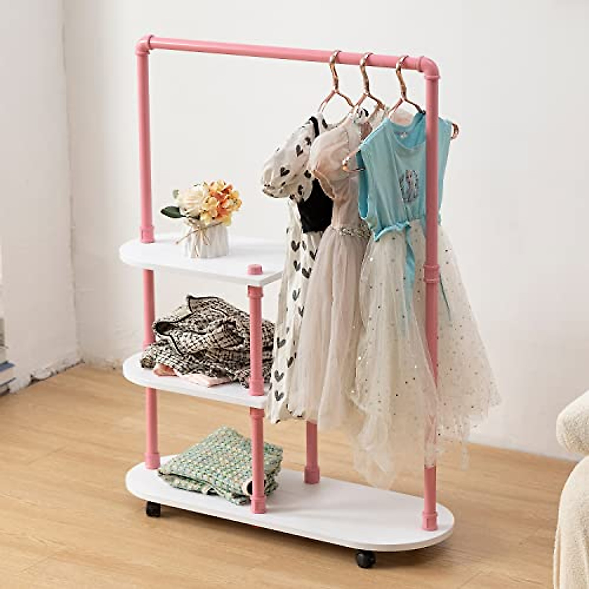 ZYUXUAN Dress up Rack, Child Garment Rack, Kids Clothing Rack with Storage Shelves, Small Open Wood Clothes Rack with Rolling Wheels for Small Spaces, Industrial Pipes Garment rack, Pink White