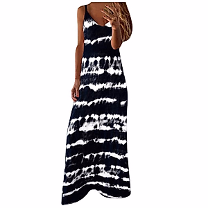 Women Long Spaghetti Strap Maxi Dress Sexy V Neck Sleeveless Print Casual Loose Summer Beach Sundress Skirts Daorokanduhp