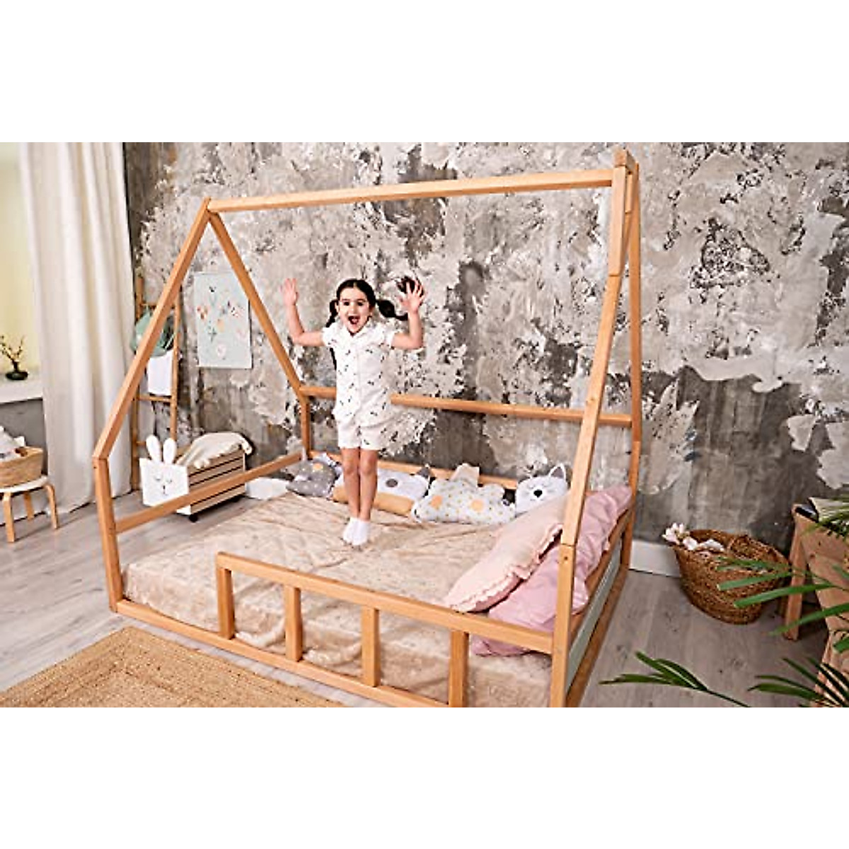 BUSYWOOD Montessori Platform Bed - Toddler bed - Kids Floor Bed House Frame - Natural Wood Daybed Frame - Unique bed (Model 1, Natural Wood, Floor Bed)