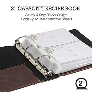 Samsill 2" Junior Recipe Binder Set, Complete with 50 Pack 4" x 6" Recipe Card Sleeves, and 8 Custom Dividers, Faux Brown Leather