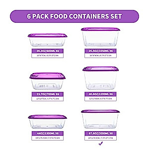 KIGI 【6 PACK】 Plastic Food Storage Containers with Lids Airtight Square Meal Prep Containers,Microwave,Freeze,Dishwasher Safe (Transparent-Purple, 67.6oz-6 Pack)