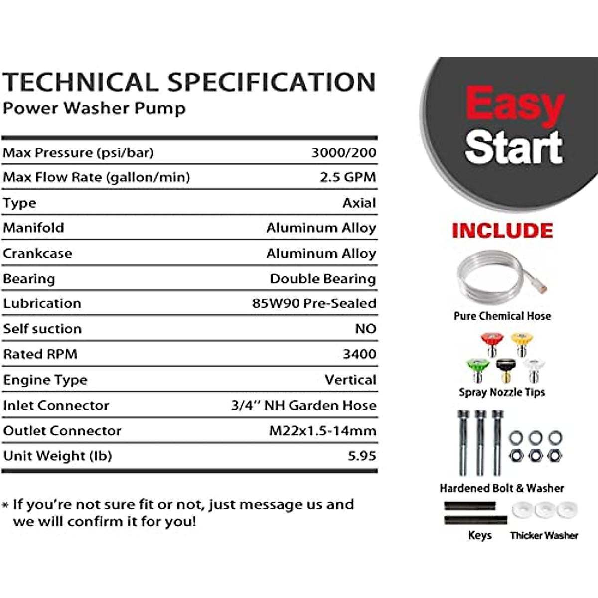 YAMATIC 7/8" Shaft Vertical Pressure Washer Pump 3000 PSI @ 2.5 GPM Replacement Pump for Power Washer, Replacement with Troybilt, Craftsman, Ryobi, Honda, Rear Facing Inlet/Outlet