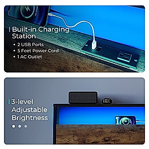 LINSY Queen Bed Frame with Ergonomic Headboard, Fast Assembly Industrial Bed Frame Queen Size with Lights & Charging Station, Platform Metal Bed Frame Queen with Storage, Rustic Brown