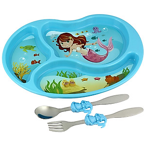Kids Divided Plate with Utensils - Children's Meal Set with Plate, Fork and Spoon - Mermaid