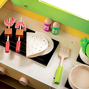 Taco Truck Wooden Playset, 30 Toy Pieces Including Cook Top, Steering Wheel, Sink, Sticker Sheet for Kids Name, Food, Taco Shells, Cheese, Patties, Dual Sided Play Stand Set for Indoor Fun, Ages 3+