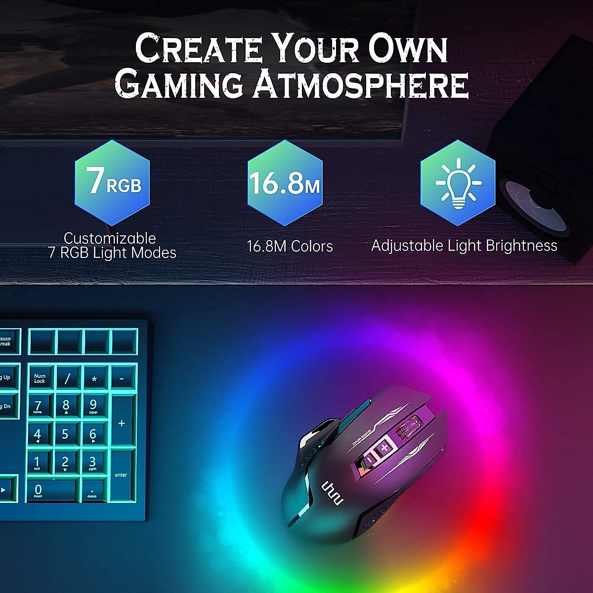 UHURU Wireless Gaming Mouse, Wired and Wireless Dual Modes Rechargeable RGB Gaming Mouse with 7 Programmable Buttons, Ergonomic and 5 Adjustable DPI Levels up to 10000 DPI for PC Laptop Gamer （WM-07）