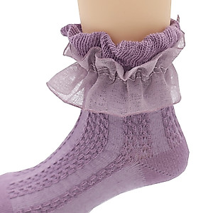 Xiyadun Little Girls Ruffle Lace Trim Cotton Socks Toddler Baby Girl Eyelet Frilly Dress Socks(5 Pairs,Assorted Color, 5-8 Years)