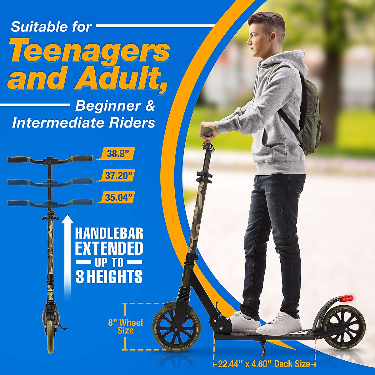 SereneLife Kick Scooter Adult Teenagers Kids- 2 Wheel Kids Scooter with Adjustable T-Bar Handlebar - Alloy Anti-Slip Deck - Portable Folding Scooters for Kids with Carrying Strap - Camouflage