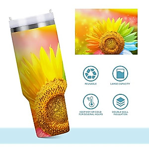 ARGTILDN 40 oz Tumbler Rainbow Sunflowers Insulated Travel Mug with Handle and Straw Lid Stainless Steel Vacuum Coffee Cup Tea Beverage Container Water Bottles for Car Sports office