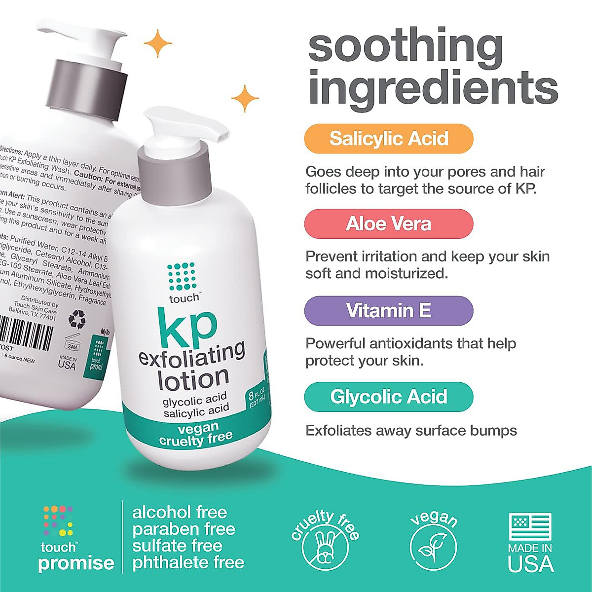 TOUCH Glycolic Acid Lotion for Keratosis Pilaris - KP Lotion Moisturizer - Glycolic Acid Body Lotion for AHA BHA Rough & Bumpy Skin- Keratosis Pilaris Exfoliating Lotion Gets Rid Of Redness - 8 Fl Oz