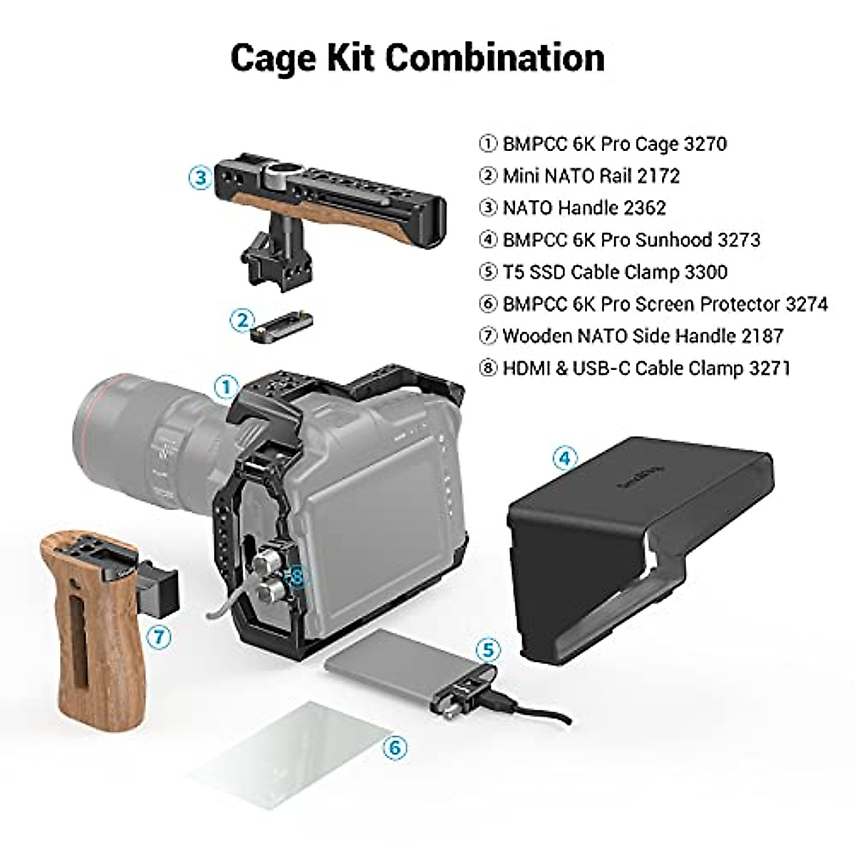SMALLRIG Camera Cage Accessory Kit for BMPCC 6K Pro / 6K G2, with Top Handle Wooden Side Handle Cable Clamp for HDMI SSD Clamp Sunhood NATO Rail Screen Protector for BMPCC 6K Pro / 6K G2-3299