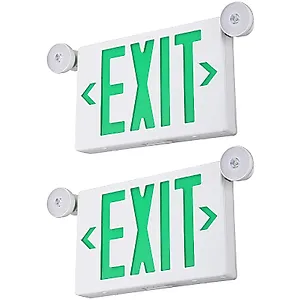 TORCHSTAR Green LED Exit Sign with Emergency Lights, UL 924, Emergency Exit Light with Battery Backup, Adjustable Heads, Fire Exit Sign with Lights, Double Face, AC 120/277V, Damp Location, Pack of 2