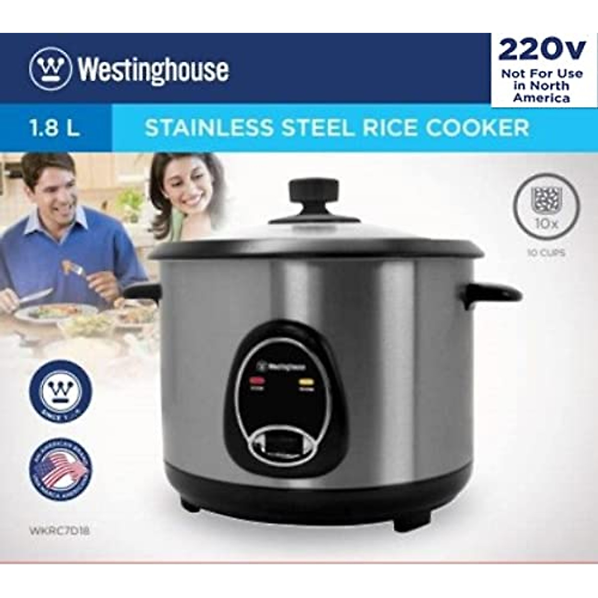 Westinghouse 220 Volt Rice Cooker 10 Cup, Non Stick Cooking Pot, Measuring Cup, Keep Warm Function-Stainless Steel-700W (NOT FOR USE IN USA)