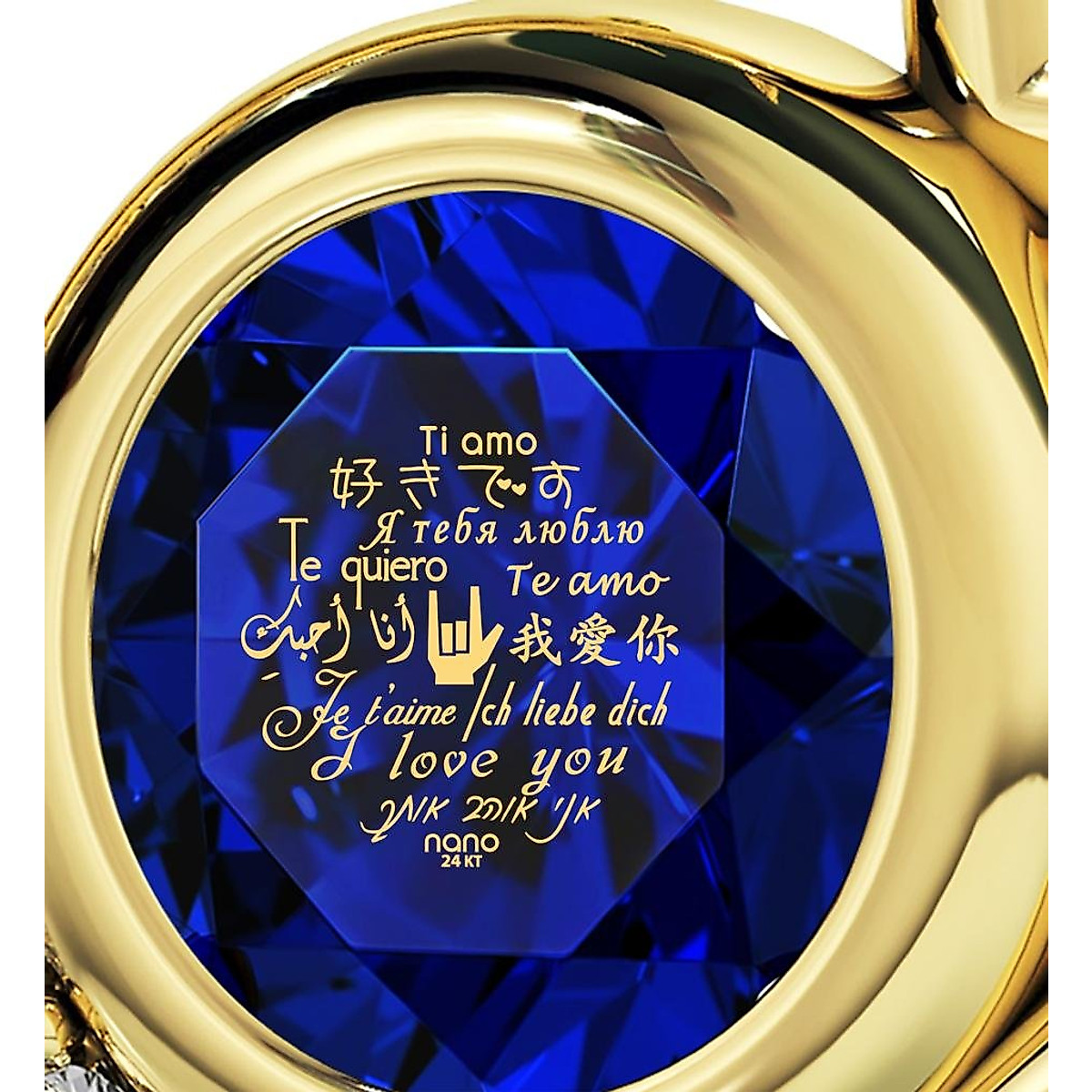 NanoStyle Gold Plated Silver I Love You Necklace in 12 Languages Anniversary Heart Pendant with Cubic Zirconia Gemstones Inscribed in Pure Gold onto a Dark Blue Crystal, 18" Rolo Chain