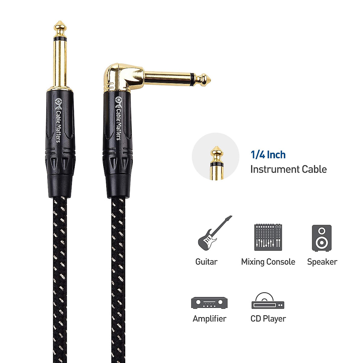 Cable Matters Braided 2-Pack 1/4 Inch TS Right Angle Electric Guitar Cable 6 Feet - Straight to Right Angle Guitar Cord/Guitar Amp Cord/Instrument Cable for Guitar, Bass AMP, Mixer, Equalizer