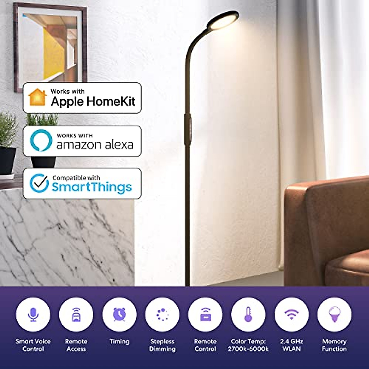 Meross Smart LED Floor Lamp, Dimmable Floor Lamp Supports HomeKit, Alexa, Google Assistant, 3-in-1 Standing LED Floor Lamp for Living Room, Bedroom with Gooseneck, Tunable White, Remote & App Control