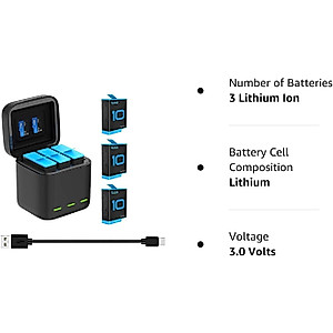 REYGEAK Battery Charger for GoPro Hero 12/11/10/9 Black, Portable Charger 3-Channel Battery Charging Storage 3 Pack Rechargeable Hero 9/10/11/12 Batteries (Charger + 3 x Batteries)