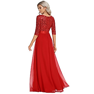 Ever-Pretty Women's Elegant A Line Crew Neck Half Sleeve Sequin Maxi Evening Dress Red US24
