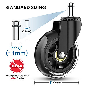 MaxGear Office Chair Wheels, 3 Inch Replacement Soft Mute Desk Caster Wheels for Work & Gaming Chair, Heavy Duty and Safe for All Floors & Hardwood, Universal Fit for 98% of Chairs, Set of 5, Black