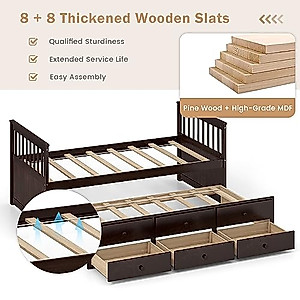 DORTALA Trundle Bed Twin Size, Wooden Daybed w/Trundle and 3 Storage Drawers, No Box Spring Required, Modern Captains Bed Frame for Boys Girls Adults, Great for Bedroom, Guest Room, Espresso