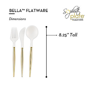 Sophistiplate Bella Flatware Cutlery Set for 12 | Fork, Spoons & Knives Silverware Utensil Set | Reusable Dinnerware Sets Plastic & Top Rack Dishwasher Safe | White with Gold Handle 36 Count