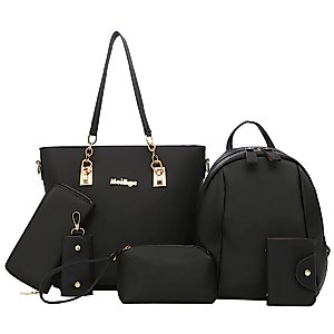 Dayfine 6-Pcs Handbags and Purses for Women Waterproof Nylon Tote Bags Shoulder Bag Backpack Wallet Zip Clutch Key Card Bag-Black