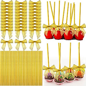 200 Cake Pop Sticks and Bows Kit for Cake Pops, Candies, Lollipops, Chocolates and Cookies Decorating, Include 100 Satin Ribbon Twist Tie Bows and 100 Paper Striped Straws for Party Supplies (Gold)