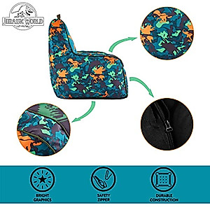 Jurassic World 2 Kids Nylon Bean Bag Chair with Piping & Top Carry Handle, Blue, 18" H x 18" W