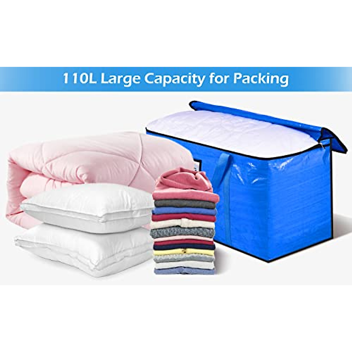 SLEEPING LAMB 110L Extra Large Moving Bags Heavy Duty Reusable Moving Totes Boxes Storage Containers for Clothes Comforters Blankets, Carrying, Travelling, College Dorm Packing, 4 Packs, Blue