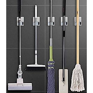 Broom and Mop Holder Wall Mounted, Stainless Steel Self Adhesive Single Broom Hanger Hook, Heavy Duty Organizer Rack for Kitchen Garage Closet Pantry Refrigerator, No Drill, Rectangle Gray, 4 Pack