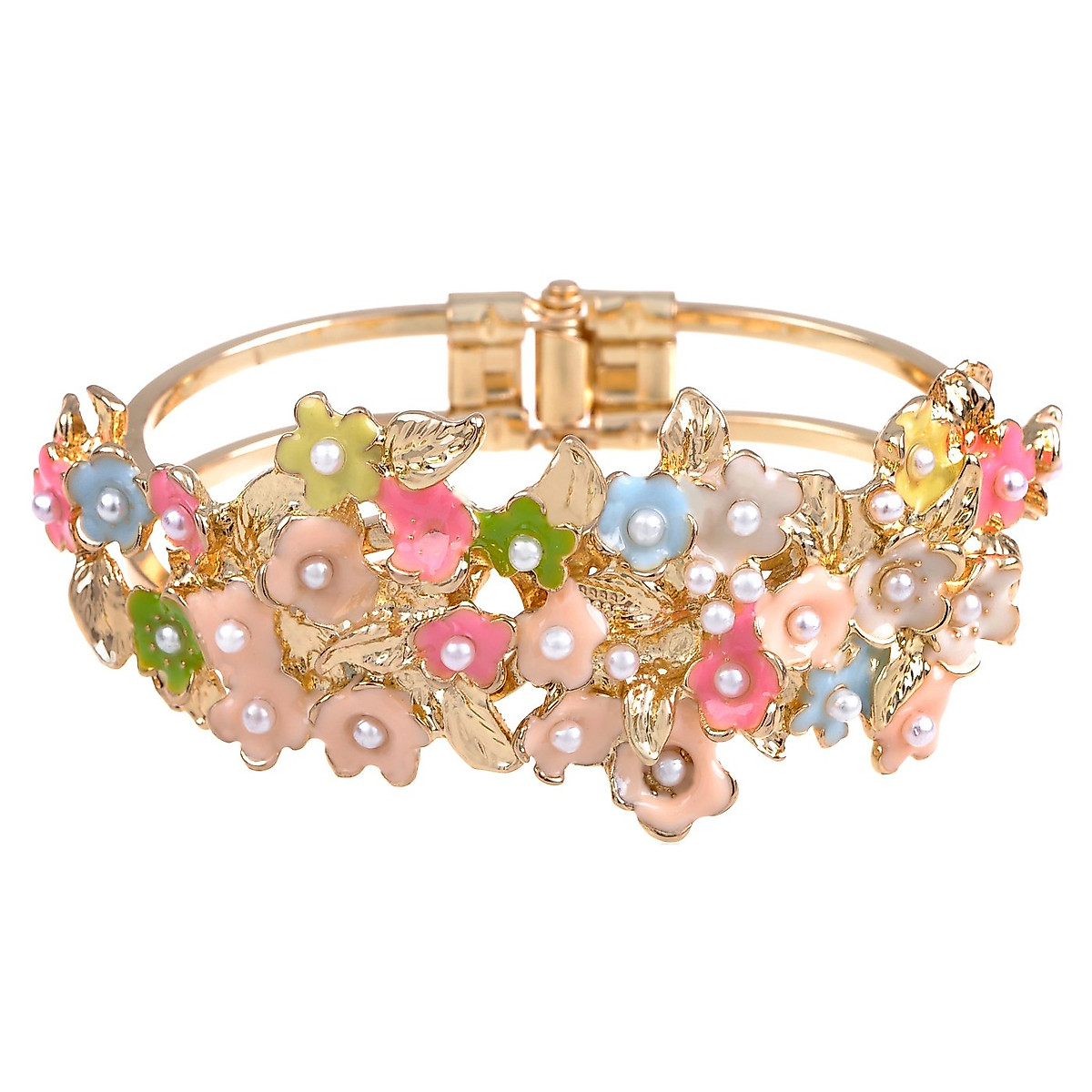 Alilang Faux Pearl Crystal Rhinestone Pastel Enamel Floral Flower Bridal Easter Bangle Cuff Bracelet