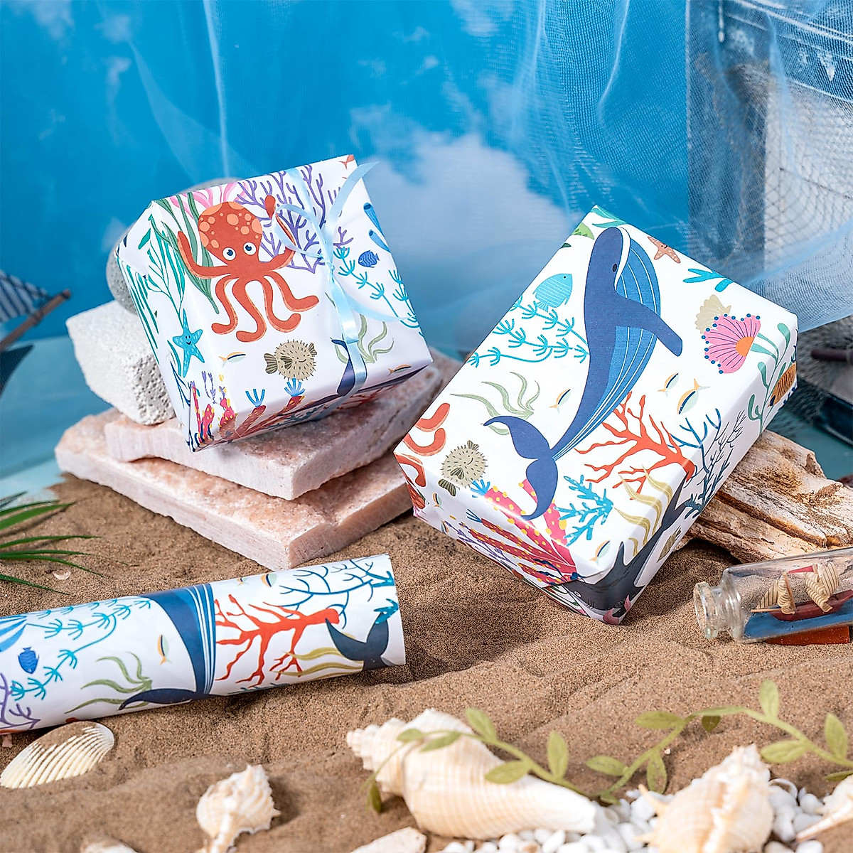 LeZakaa Ocean Wrapping Paper Roll - Cartoon Design of Ocean, Whale, Turtle, Sea Creature for Birthday, Baby Shower, Holiday Party for Boys Girls Kids - 17 inches x 32.8 Feet (46.45 sq.ft.)