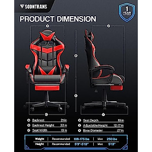 Soontrans Red Gaming Chairs with Footrest,Racing Gaming Chair,Computer Gamer Chair,Ergonomic Game Chair with Adjustable Headrest and Lumbar Support