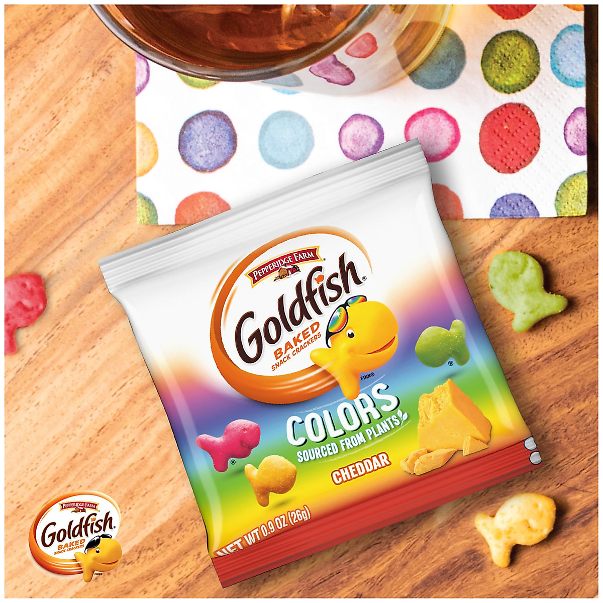 Goldfish Colors Cheddar Crackers, Snack Pack, 0.9 oz, 9 CT Multi-Pack Tray