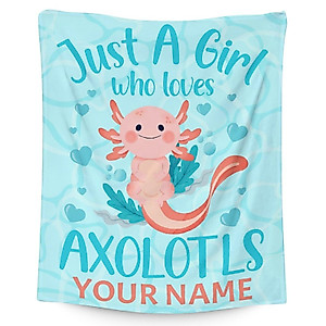 Personalized Axolotl Blanket Gifts with Name - 40x50 Inches Cute Throw Blanket for Girls - Blue Soft Fuzzy Blankets for Bed, Couch & Living Room