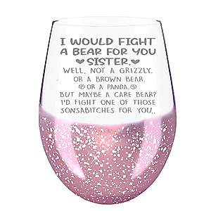 Mothers Day Gifts for Sister, I Would Fight A Bear for You A Care Bear Stemless Pink Wine Glass