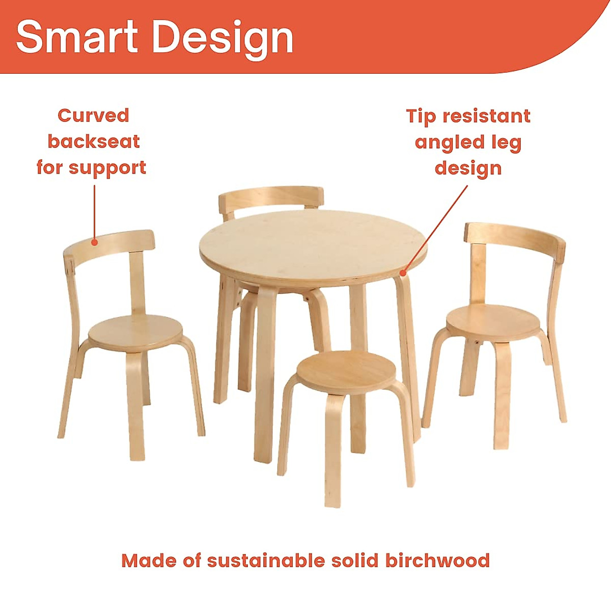 Kids Table and Chair Set - Play with Me Toddler Table with 3 Chairs and Adult Stool for Arts & Activities- Playroom Furniture, Dining Table for Homes, Daycares, Classrooms- 100% Wood (Natural)
