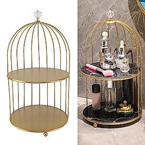 FTVOGUE Bird Cage Cosmetic Organizer,Cosmetic Rack Bird Cage Desktop Makeup Organizer Rack, Space Saving Iron Unique Makeup Display Rack for Home Bathroom, Gold (Double Layers)