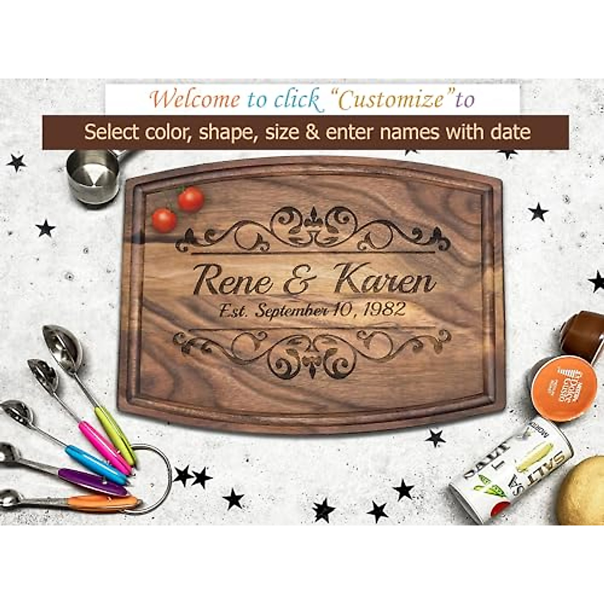 Personalized Wood Cutting Board Handmade in USA – Best Serves as Cheese board, Serving tray, Chopping board, Charcuterie board – Unique Wooden Gift for Wedding, Anniversary, House warming, Christmas