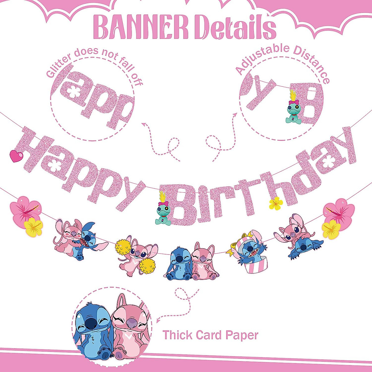 Pink Birthday Banner, Cartoon Happy Birthday banner Pink Cute Party Decoration for Girls Kids Birthday Party Baby Shower Cartoon Sign Decorations
