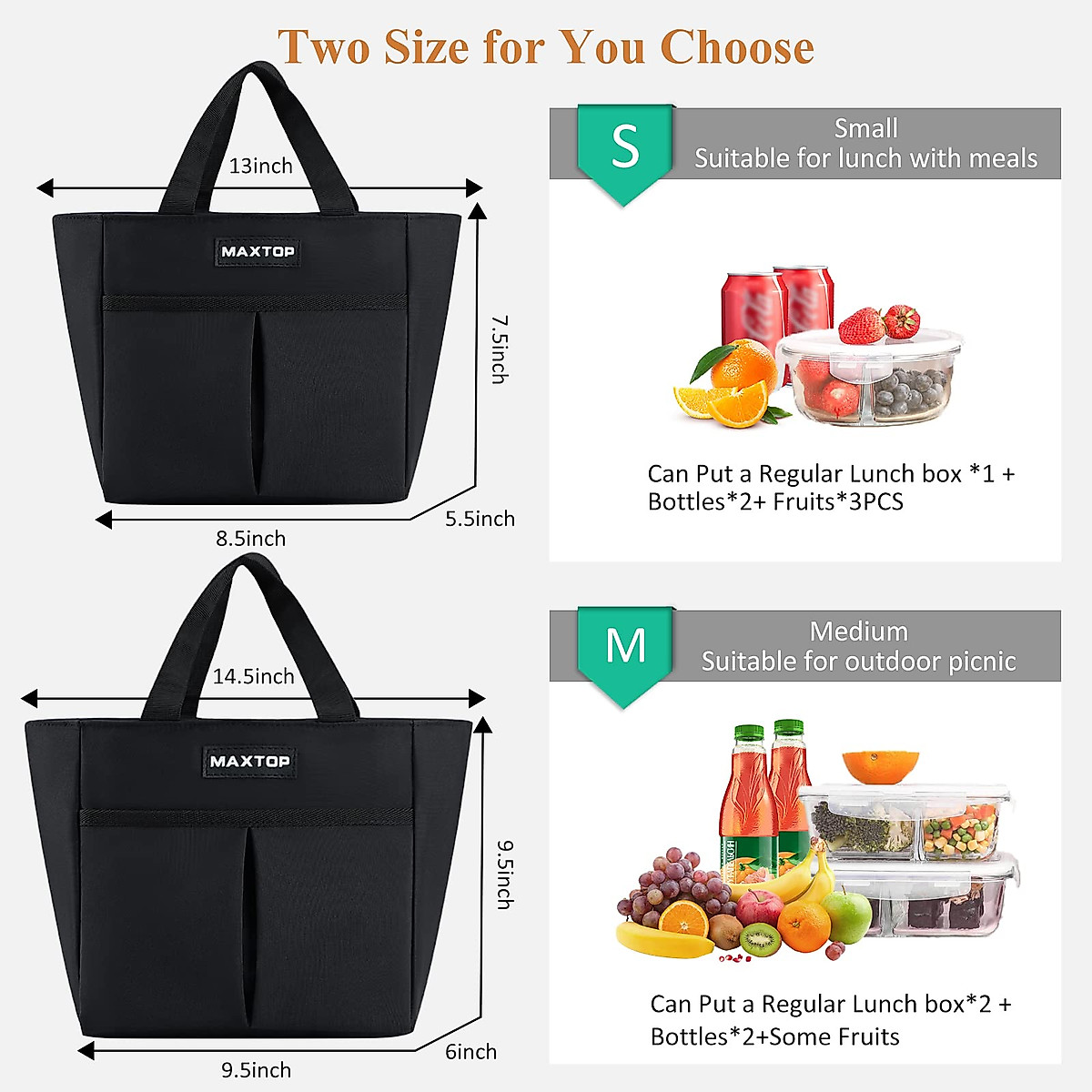 MAXTOP Lunch Bags for Women,Insulated Thermal Lunch Tote Bag,Lunch Box with Front Pocket for Office Work Picnic Shopping (Black, Medium)