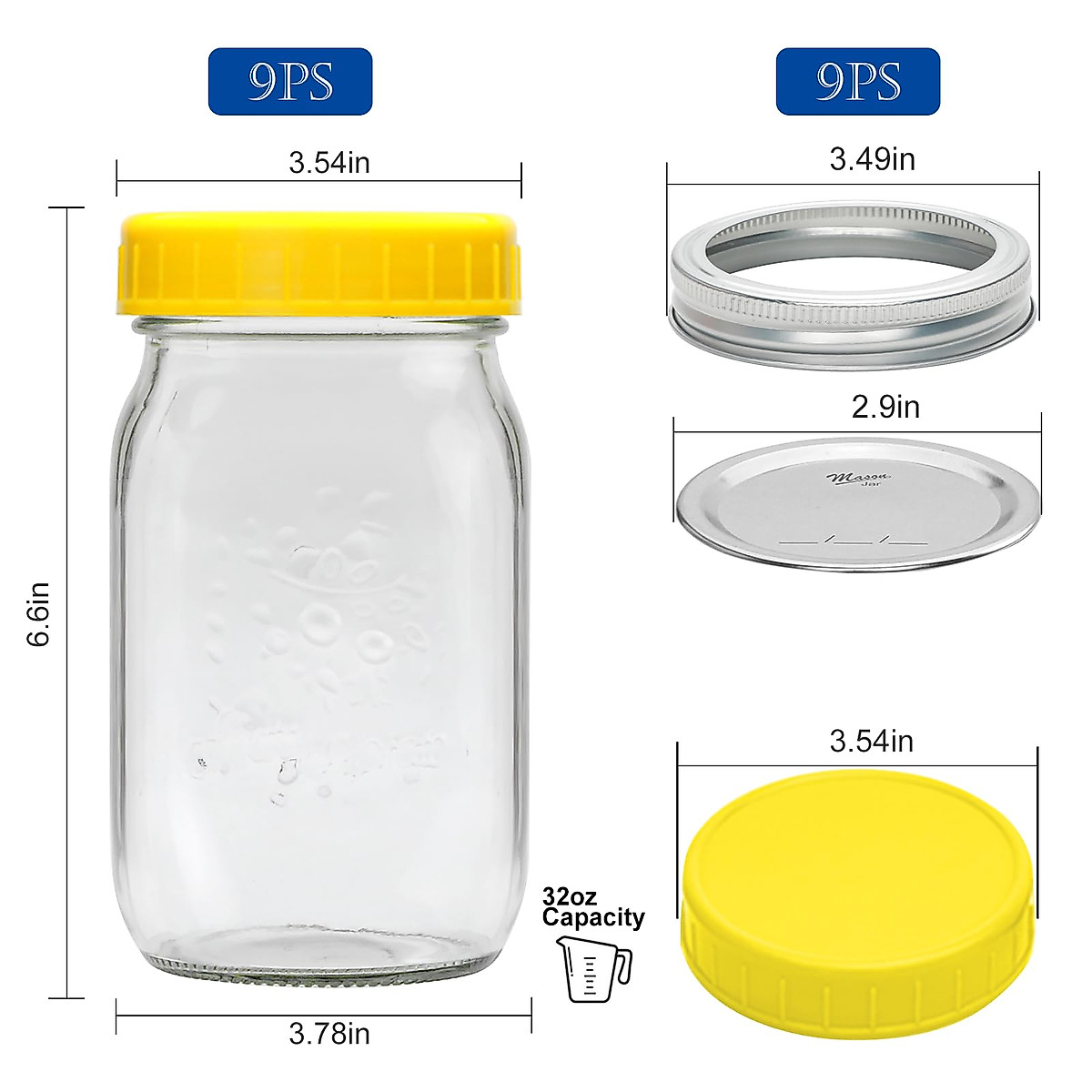 Brajttt Mouth Mason Jars 9 Pack Glass Jars with Lid and Bands,32 oz Large Mason Jars for Food Storage,Pickling,Dry Food,Snacks,Candies,Jam,Honey,Jelly